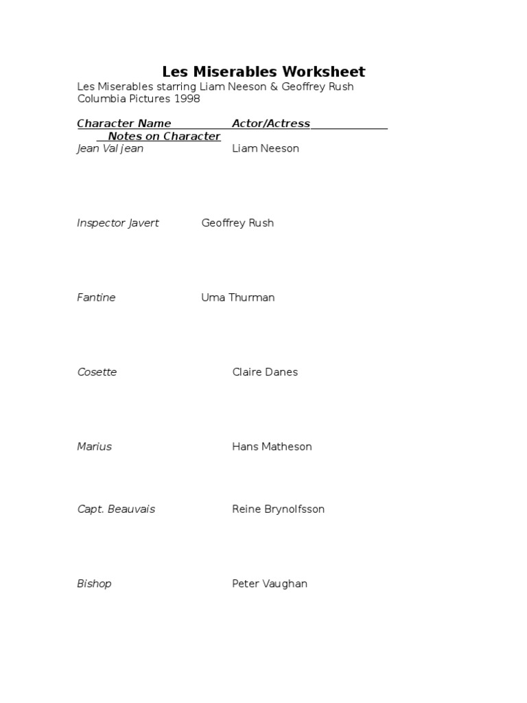 Les Miserables Worksheet | PDF