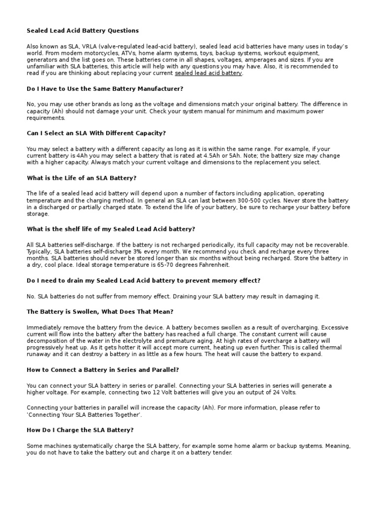 Sealed Lead Acid Battery Questions | PDF | Battery (Electricity ...