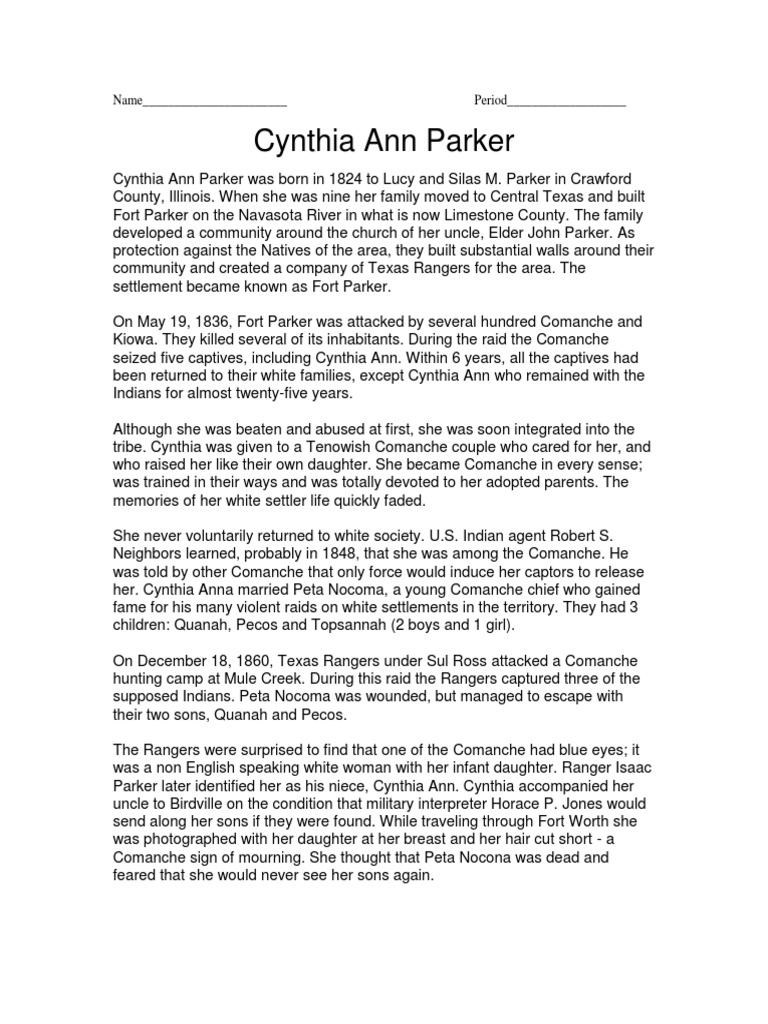 Cynthia Ann Parker Timeline