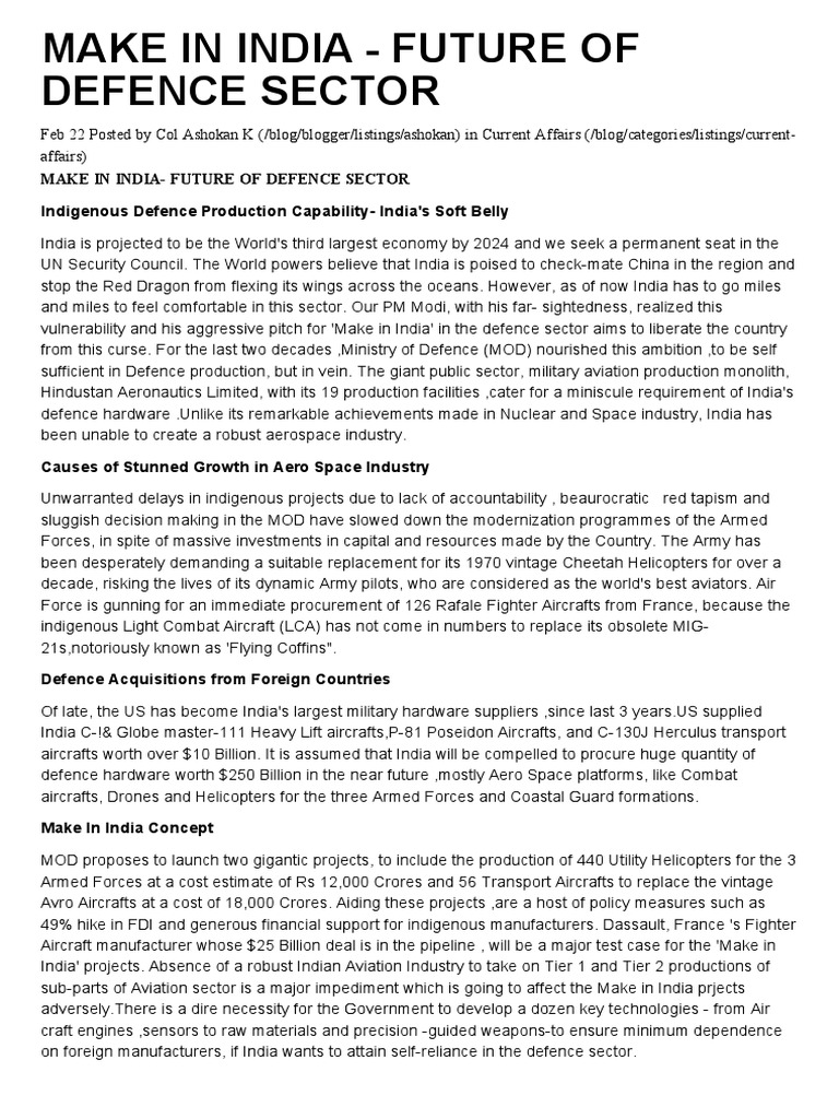 Make In India Defence Sector Future Plans | PDF | Military | Aircraft