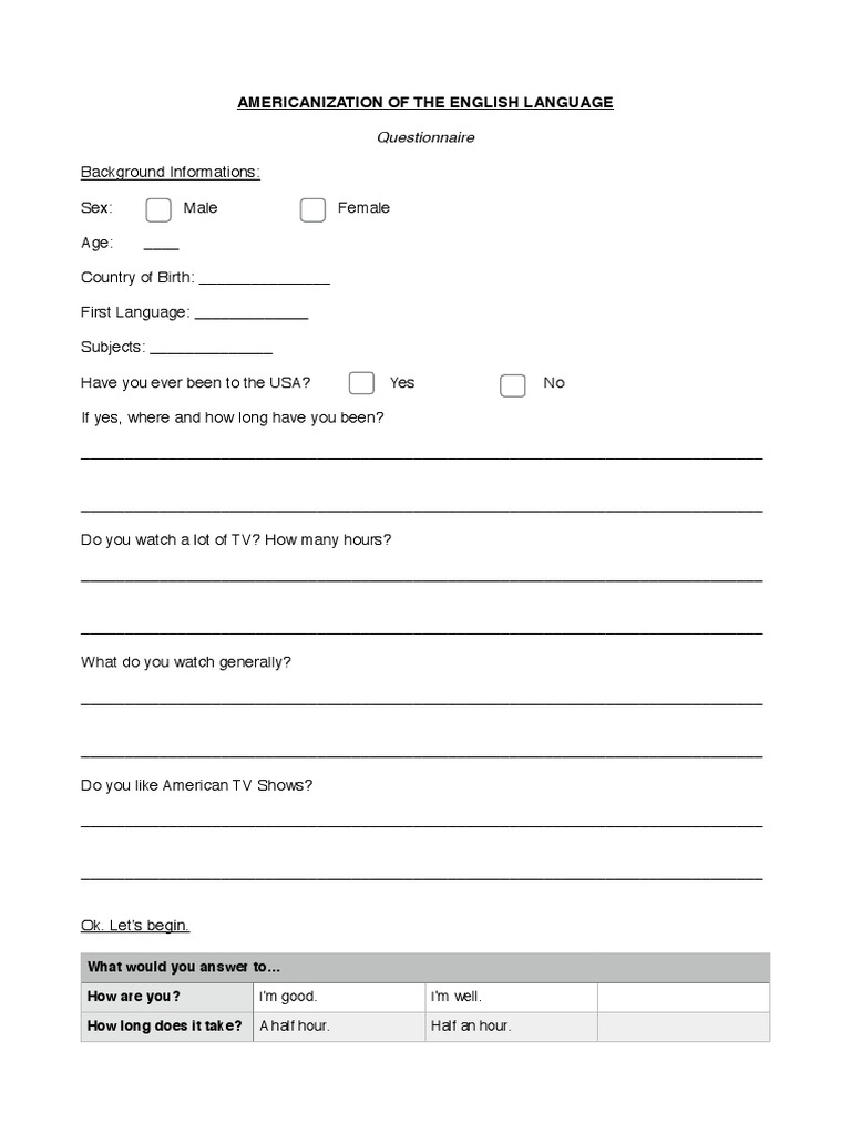 Americanization of The English Language: Questionnaire | PDF