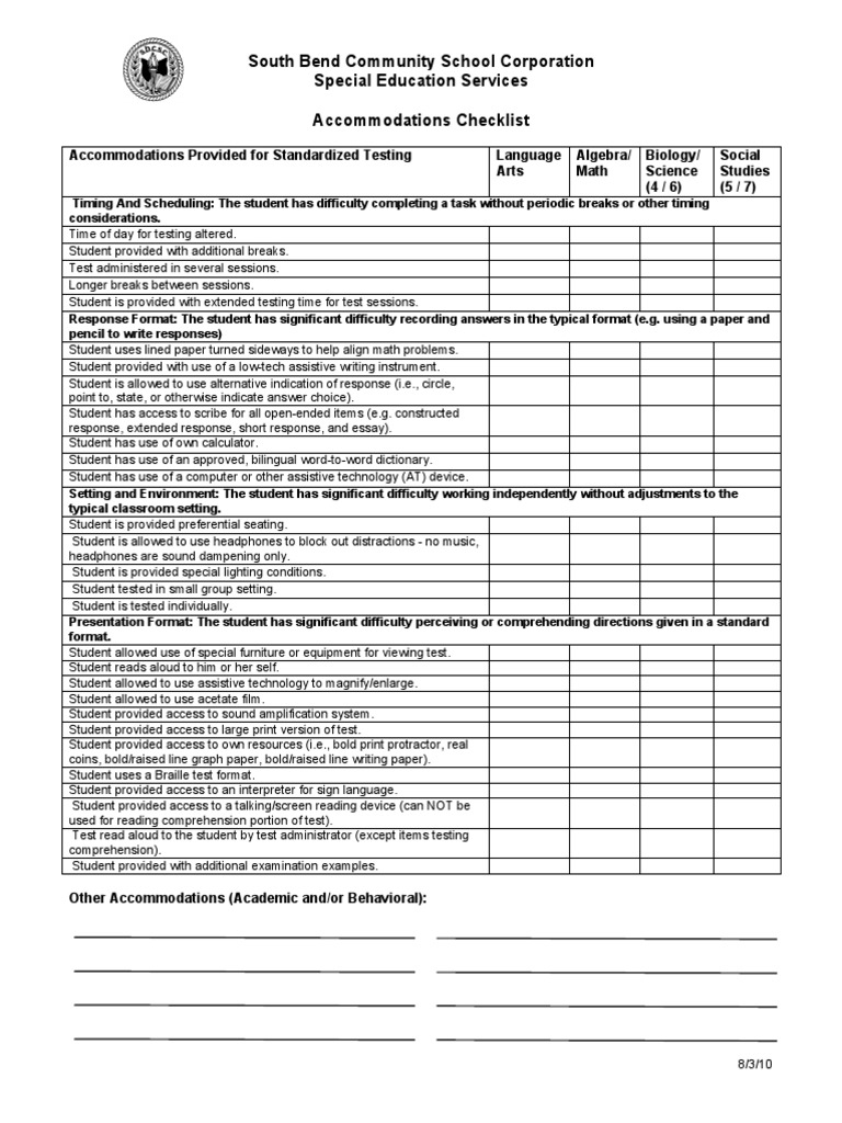 Accommodations Checklist | PDF | Cognitive Science | Cognition