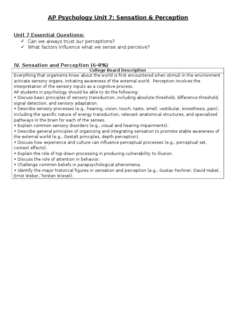 Unit 7: Sensation & Perception Review | PDF | Visual Perception ...