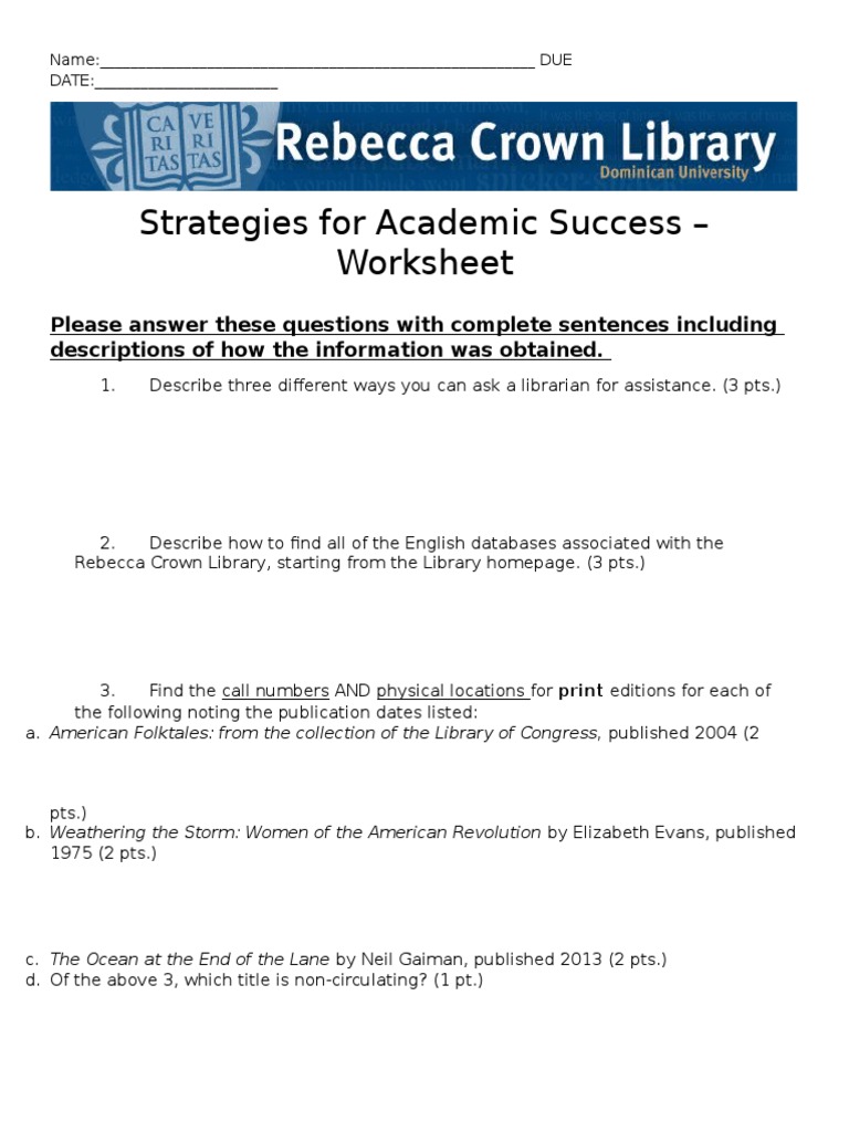 Strategies For Academic Success - Worksheet | PDF | Libraries ...