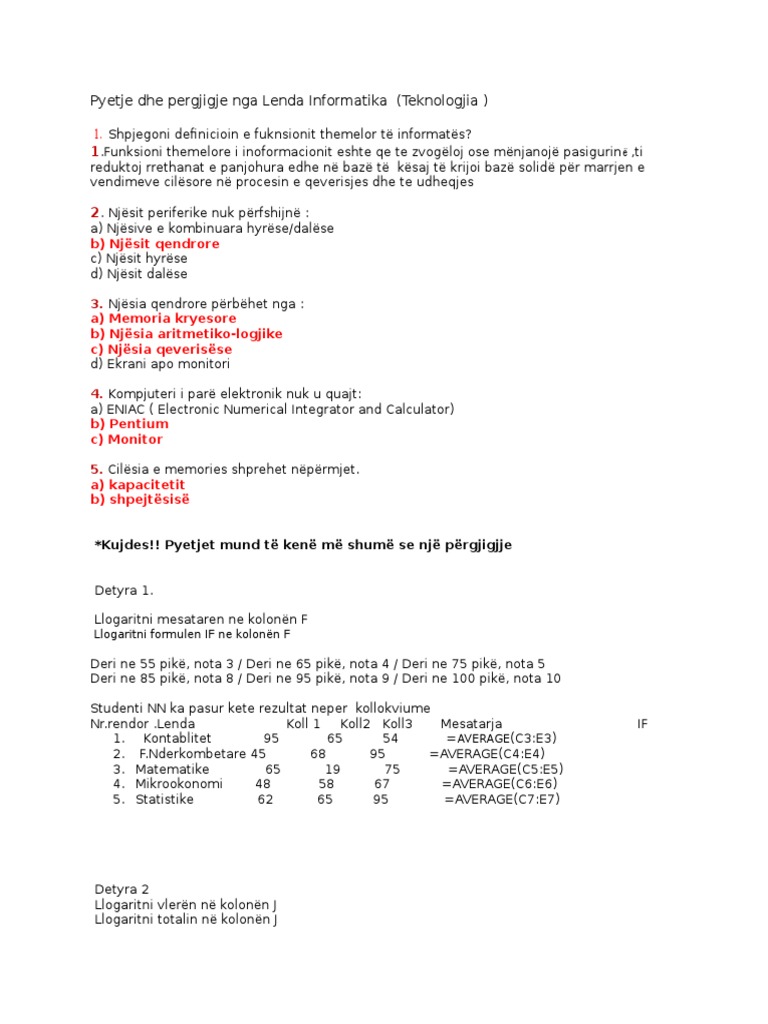 Pyetje Dhe Pergjigje Nga Lenda Informatika | PDF