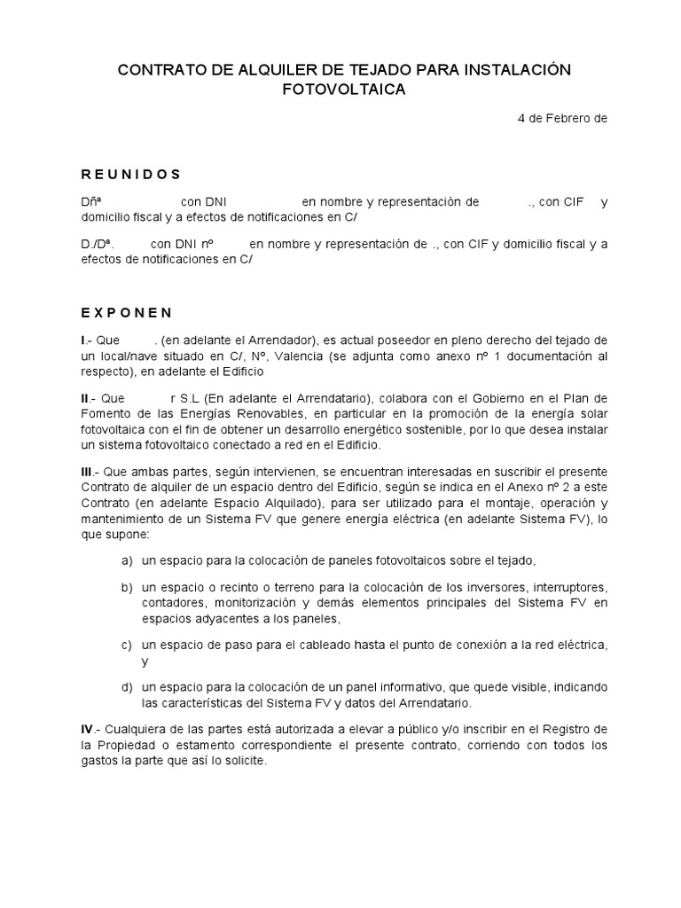 Contrato de Alquiler de Tejado para Instalacion Fotovoltaica | PDF | Fotovoltaica | Alquiler