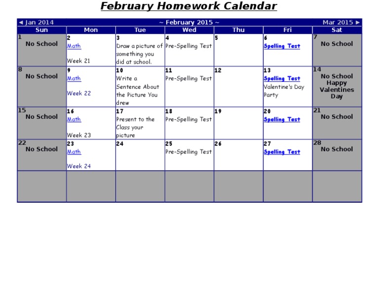 February 2015 Homework Calendar | PDF