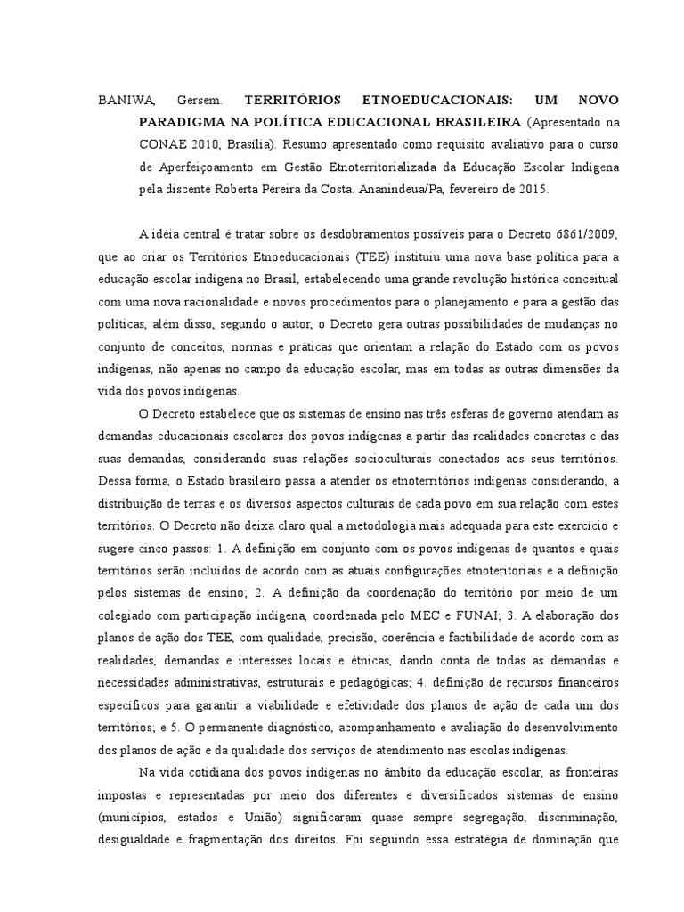 BANIWA, Gersem. TERRITÓRIOS ETNOEDUCACIONAIS: UM NOVO PARADIGMA NA ...
