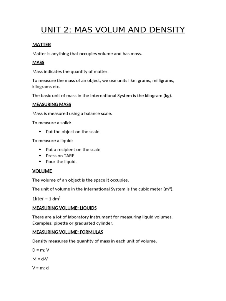 Mas Volum and Density (Notes) | PDF
