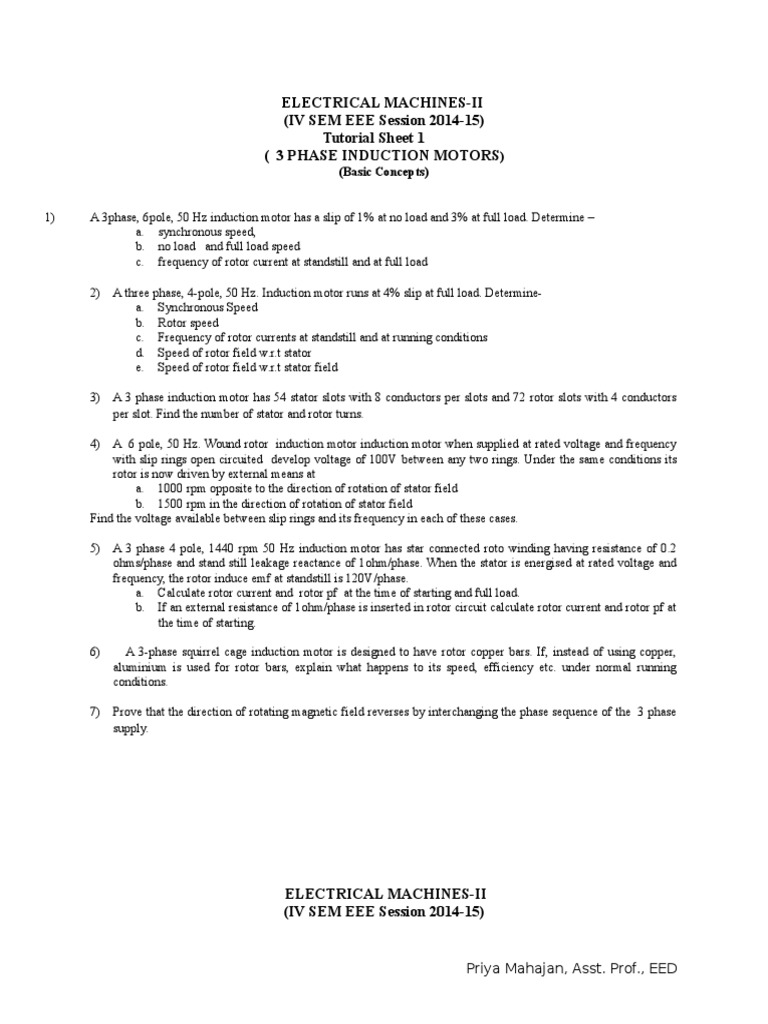 Complete Tutorial Sheets Induction Motors | Download Free PDF ...