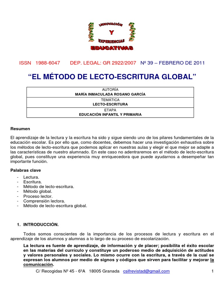 Método Global de Lecto-Escritura | PDF | Lectura (proceso) | Palabra