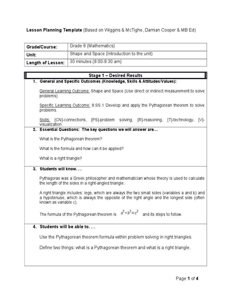 Lesson Plan Math Pythagorean Theorem | PDF | Educational Assessment ...
