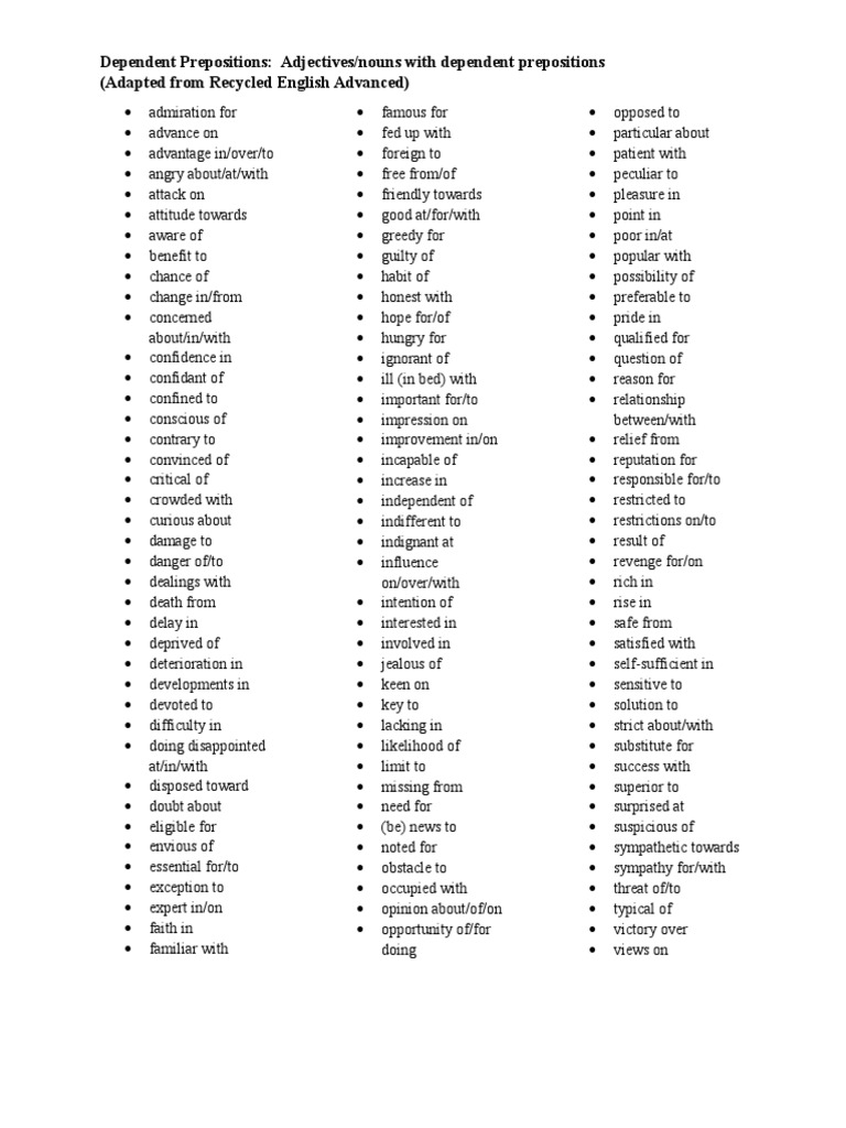 Adjectives with Dependent Prepositions | PDF | Language Arts ...