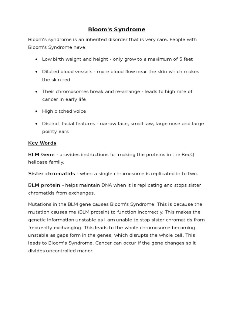 Understanding Bloom's Syndrome Causes | PDF | Cooking, Food & Wine