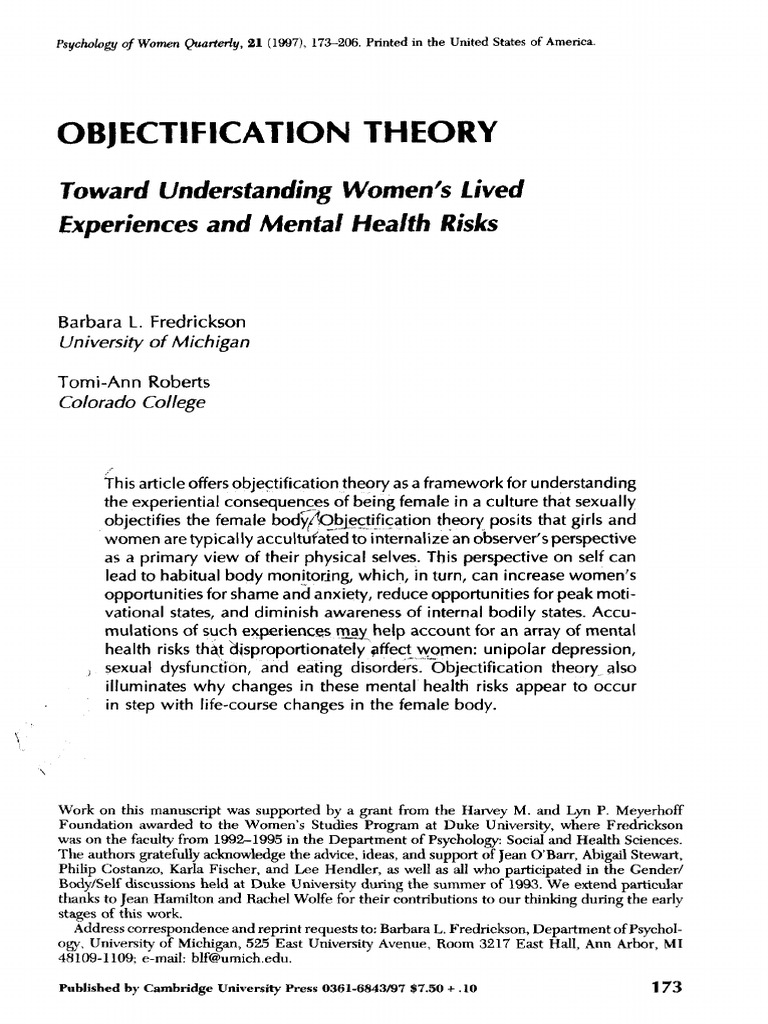 Fredrickson Roberts, Objectification Theory | PDF