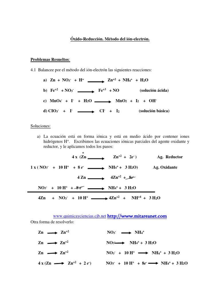 Ejercicios Resueltos-metodo Del Ion Electron | Reacciones químicas | Redox (óxido-reducción)