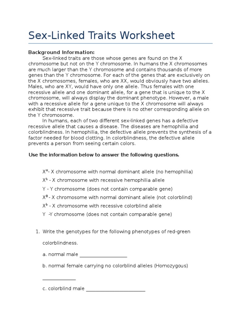 Sex Linked Traits Worksheet 2015 Allele Dominance Genetics