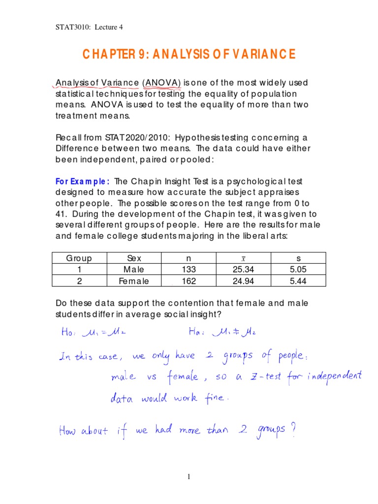 Chapter 9: Analysis of Variance: For Example | PDF | Analysis Of ...