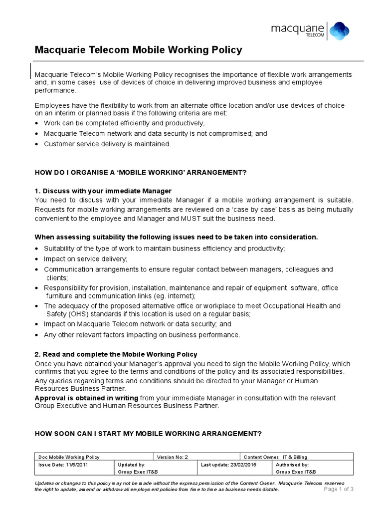 Mobile Working Policy Agreement Form | PDF | Occupational Safety And ...