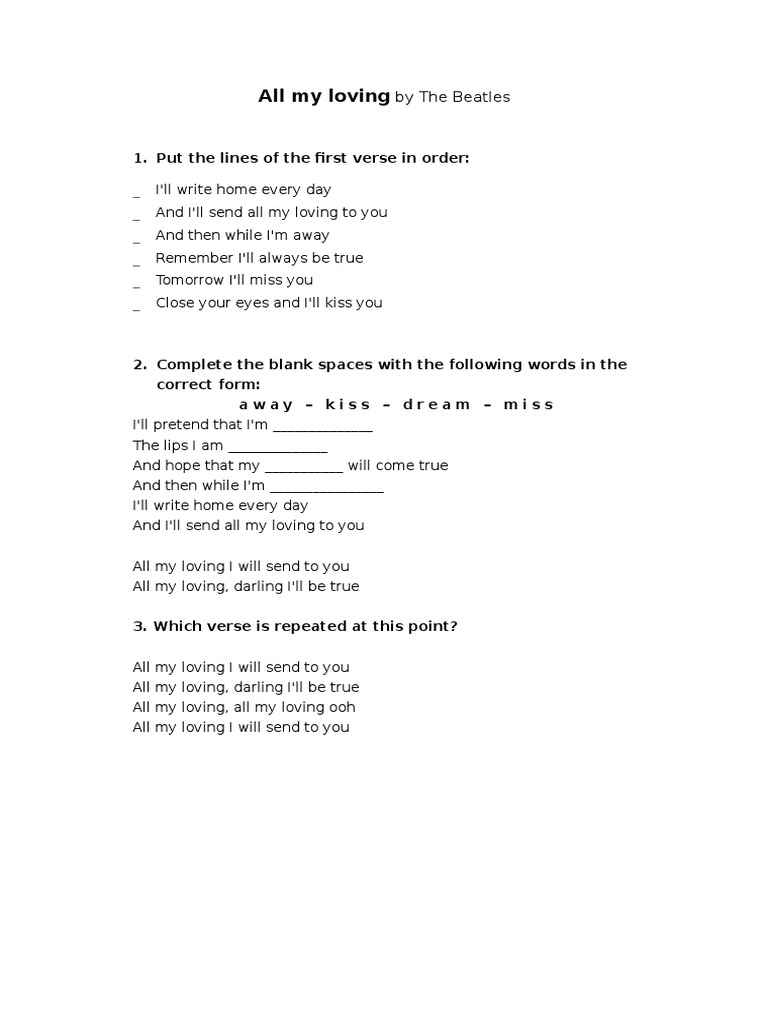 All My Loving Lyrics Exercise | PDF