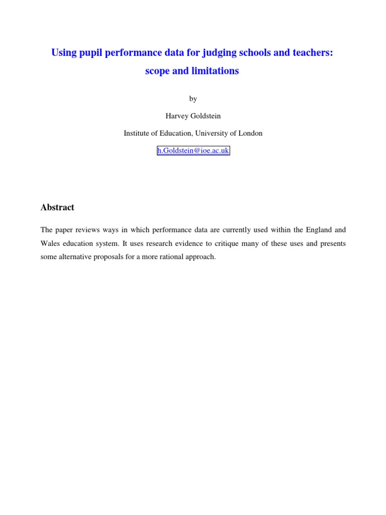 Using Pupil Performance Data For Judging Schools and Teachers: Scope ...
