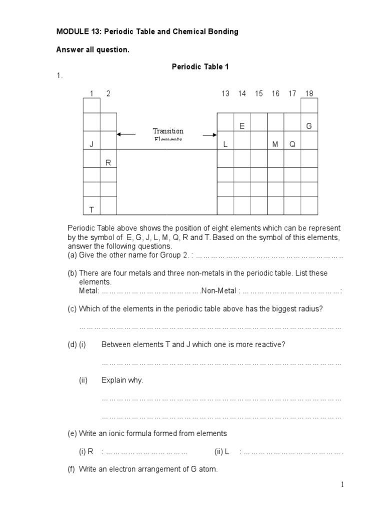 Periodic Table & Chemical Bonding Quiz | PDF | Teaching Methods & Materials