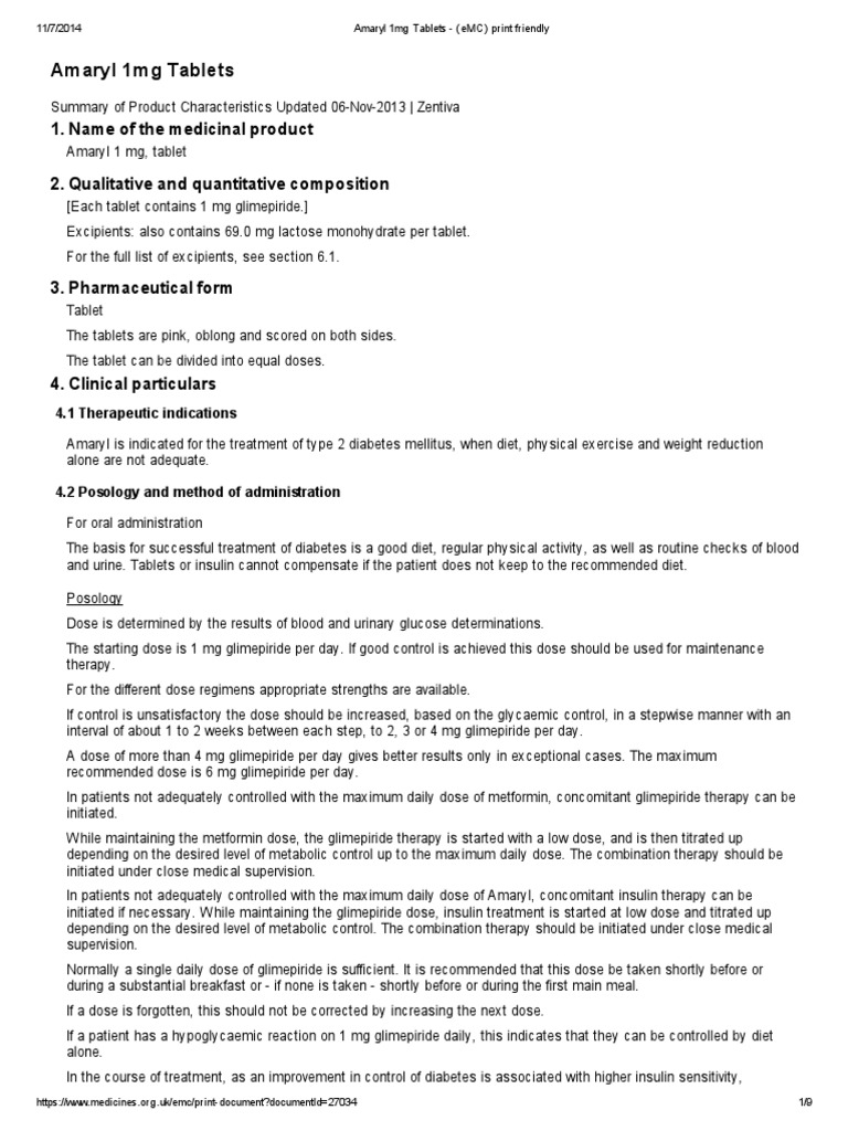 Amaryl 1mg Tablets Overview | PDF | Hypoglycemia | Insulin