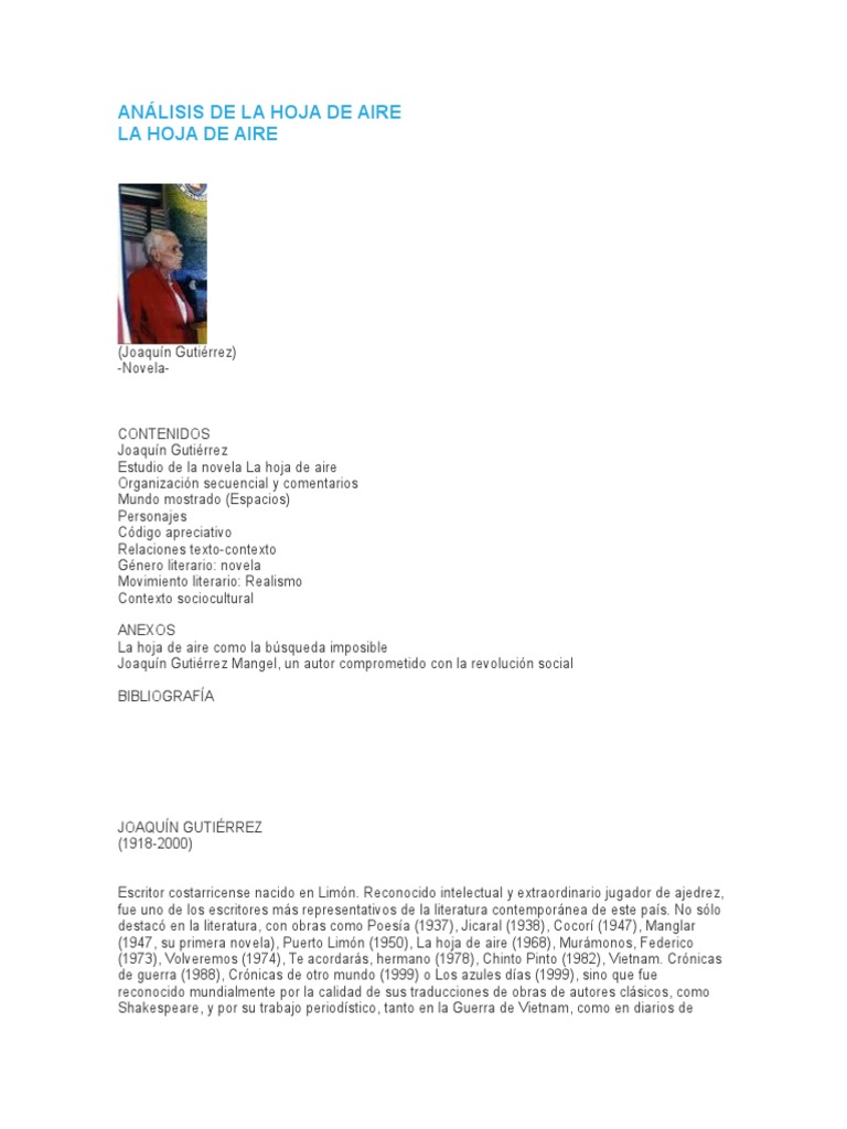 Resumen Análisis de La Hoja de Aire | PDF | Costa Rica | Novelas