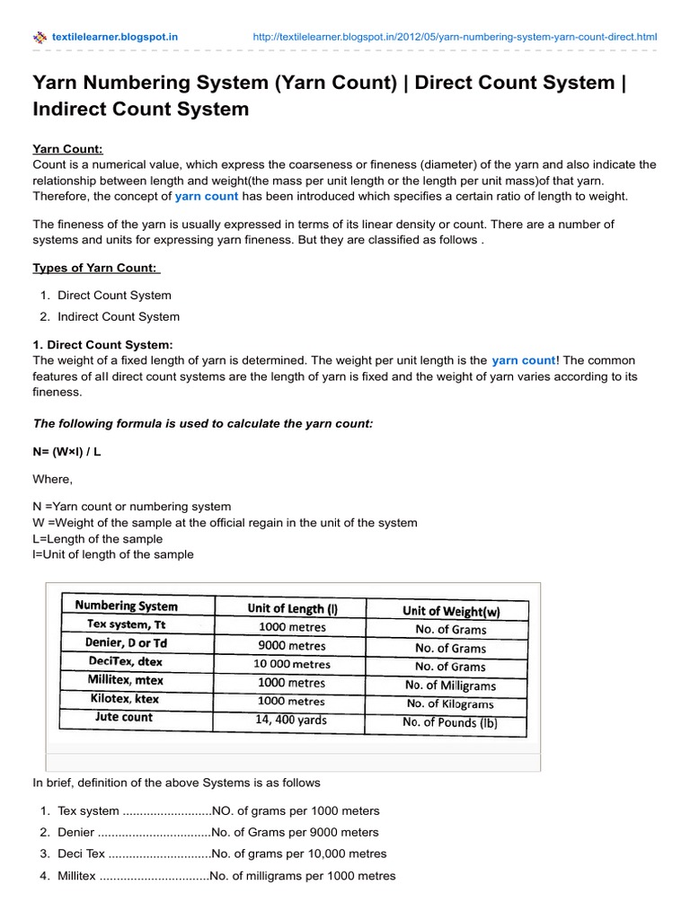 Yarn Numbering System Yarn Count Direct Count System Indirect Count System | PDF | Scientific ...