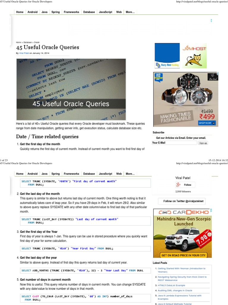 45 Useful Oracle Queries For Oracle Developers | PDF | Oracle Database | Table (Database)