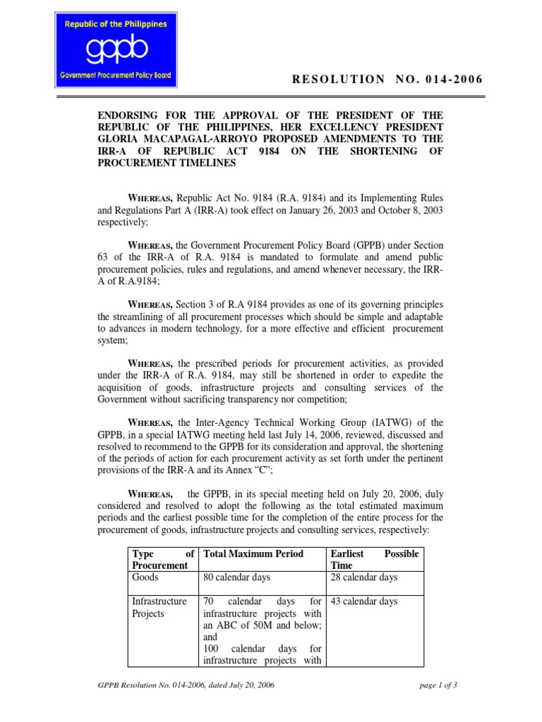 Revised Procurement Timelines for the Procurement of Goods ...