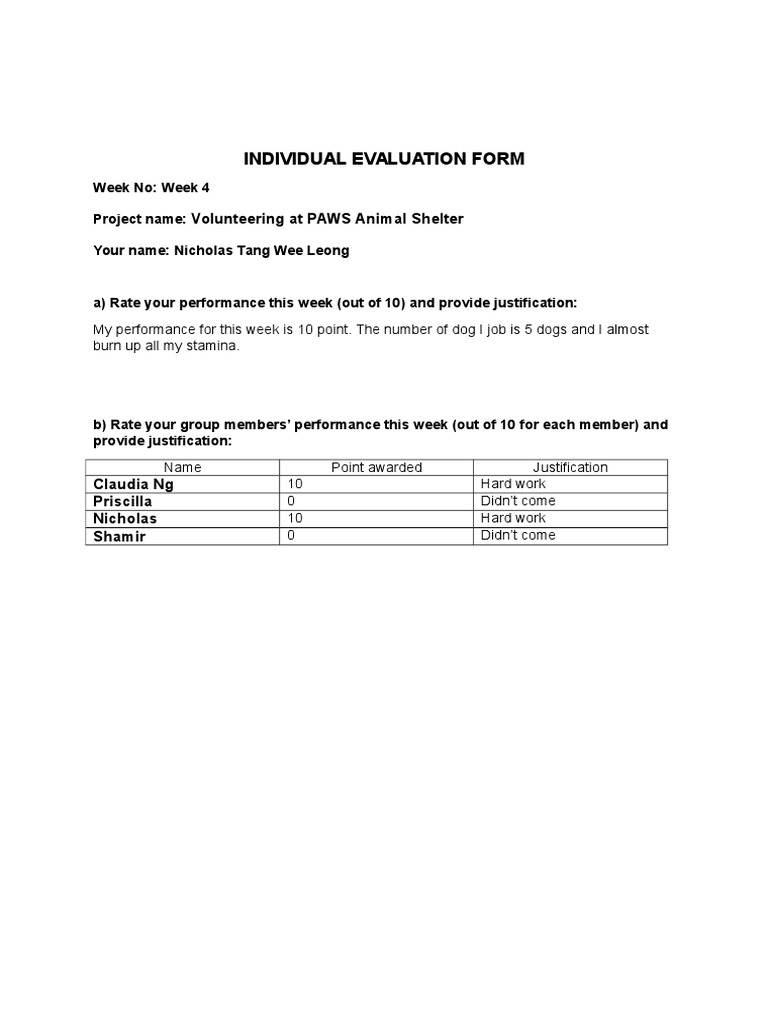 Individual Evaluation Form: Volunteering at PAWS Animal Shelter | PDF