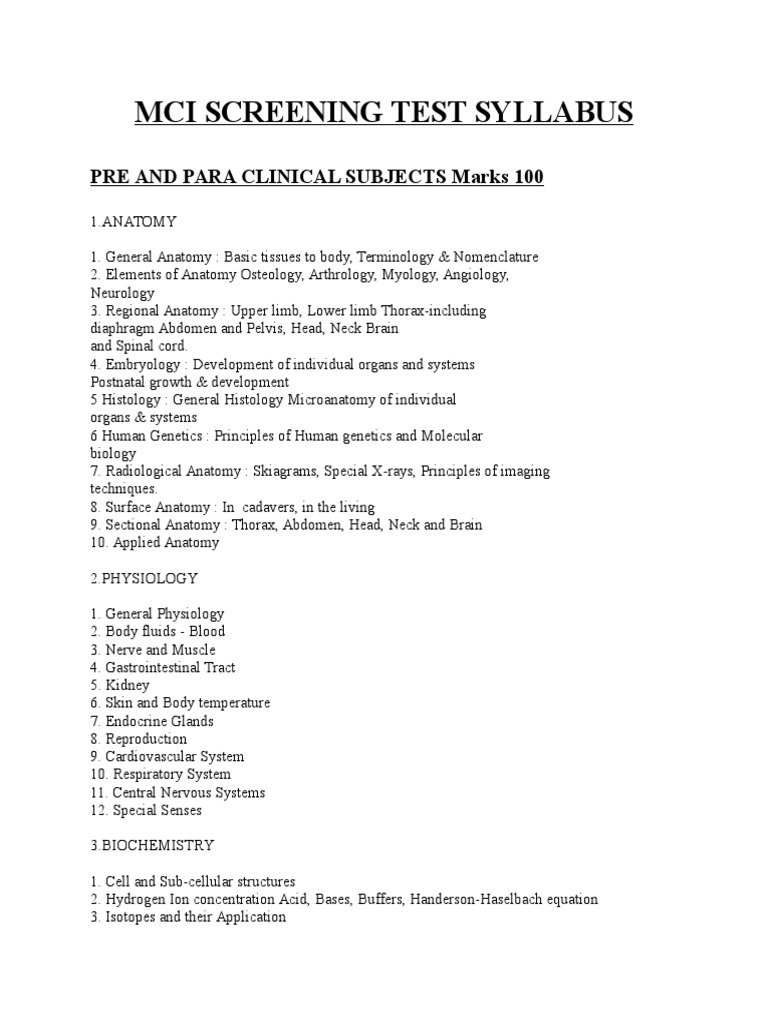 MCI Screening Test Syllabus | PDF | Human Body | Anatomy