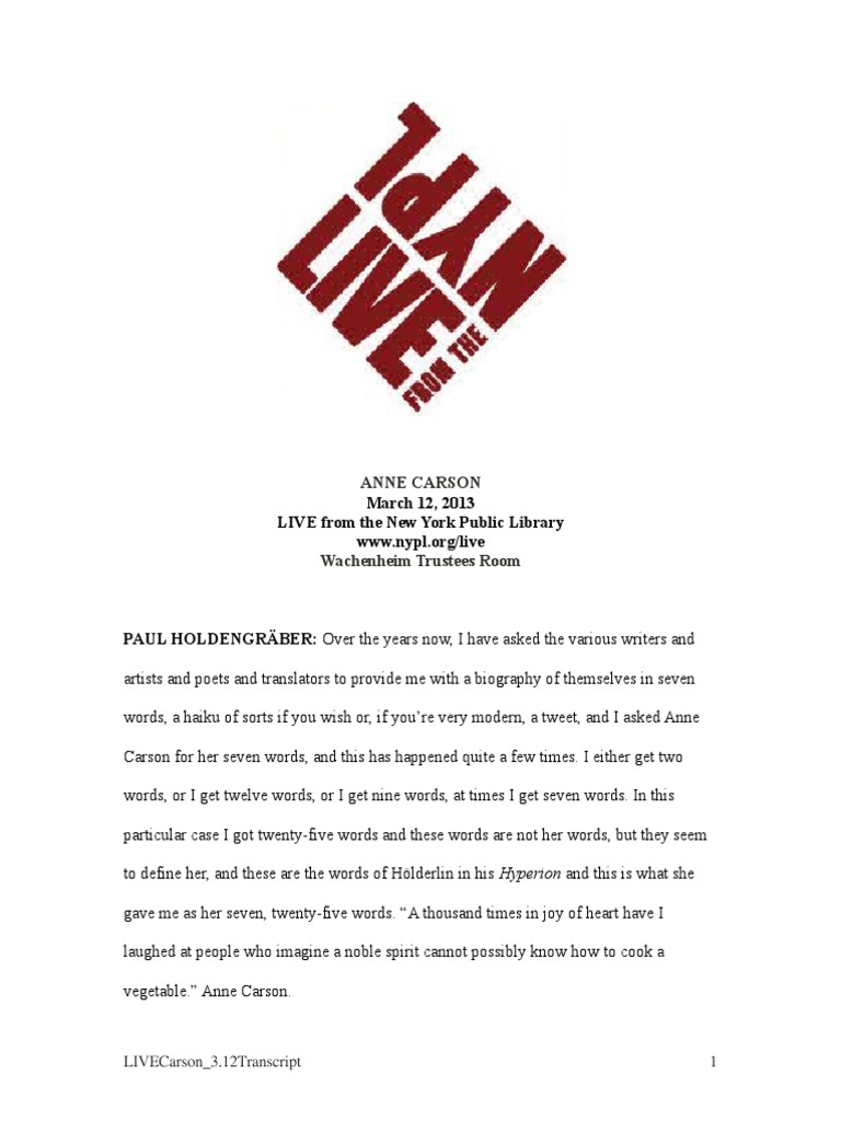 Anne Carson - Talk Transcript | PDF