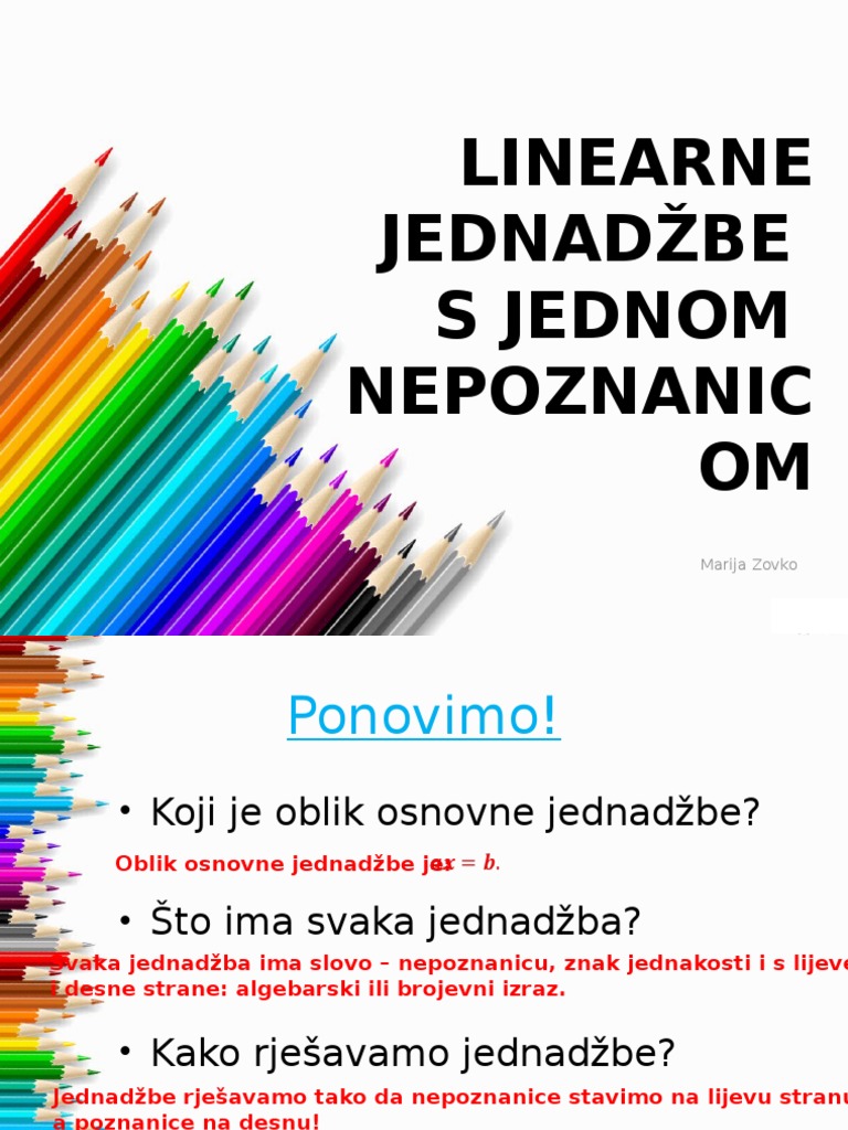 Linearne Jednadžbe S Jednom Nepoznanicom | PDF