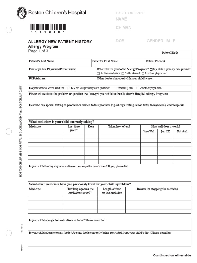 Allergy - New - Patient - History Rev 12 21 12 | PDF | Primary Care ...