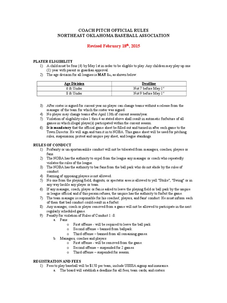 NOBA Coach Pitch Rules | PDF | Baseball Field | Pitcher