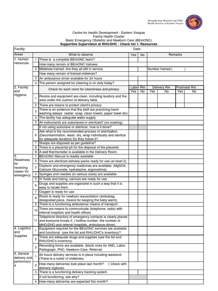 bemonc checklist | Midwifery | Infants