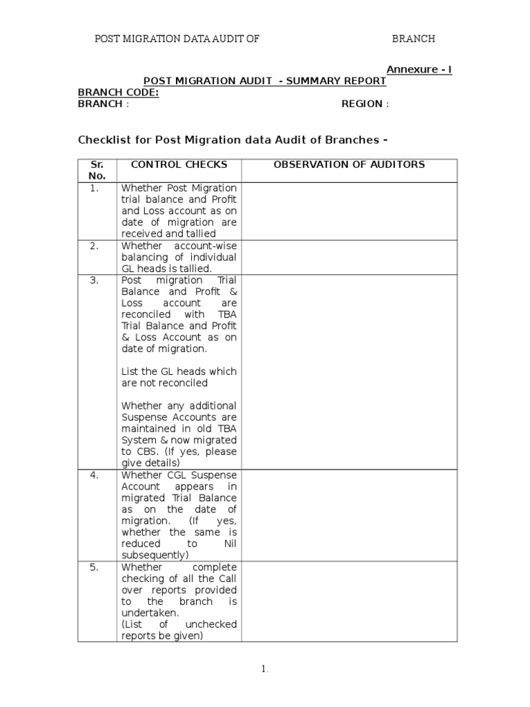 Check List For Post Migration Data Audit of Branches | PDF | Deposit ...