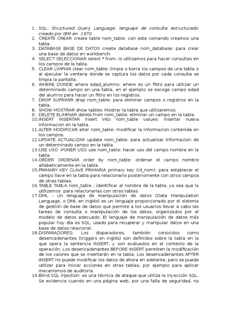 Glosario SQL | PDF | SQL | Bases de datos