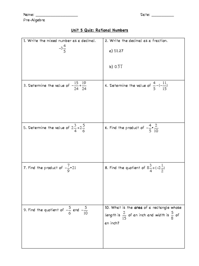 Rational Numbers Unit Quiz | PDF