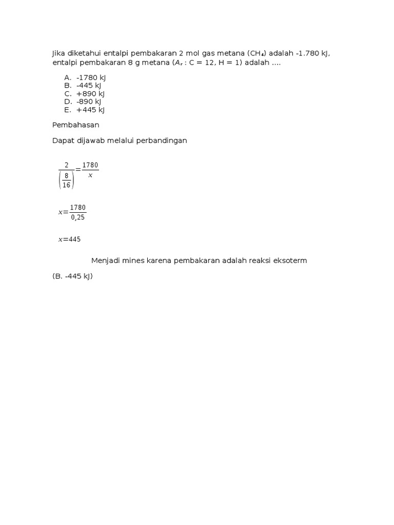 Jika Diketahui Entalpi Pembakaran 2 Mol Gas Metana | PDF | Sains ...