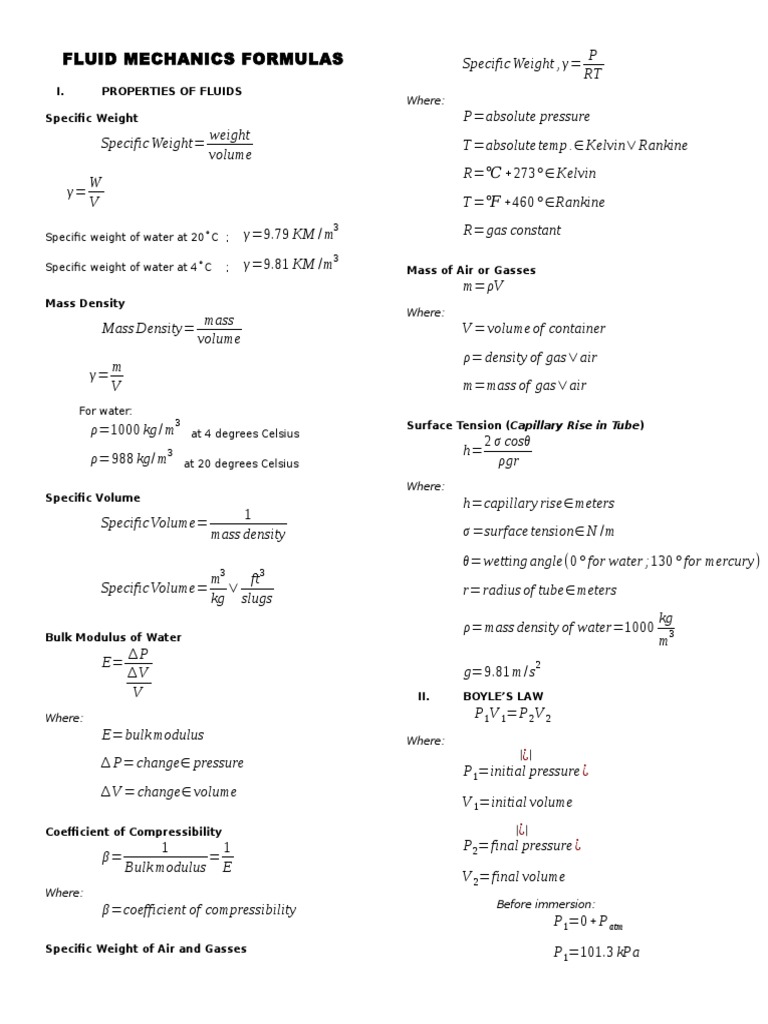 Fluid Mechanics Formulas | PDF | Science & Mathematics