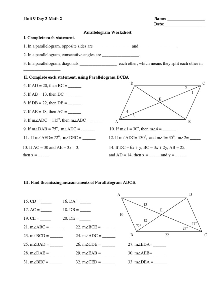 Geometry Parallelogram Worksheets