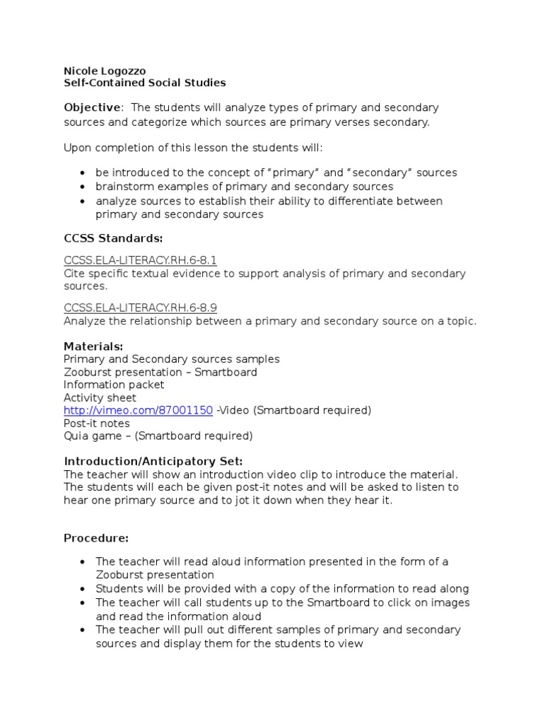 Primary vs. Secondary Sources Lesson | PDF | Learning Styles | Learning