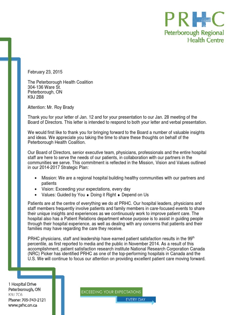 PRHC Letter To Peterborough Health Coalition | PDF | Hospital | Patient