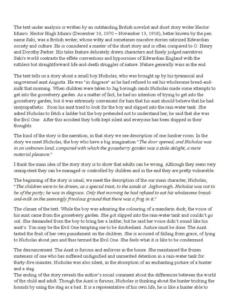 Analys The Lumber Room - Hector Munro | PDF | Saki | Narration