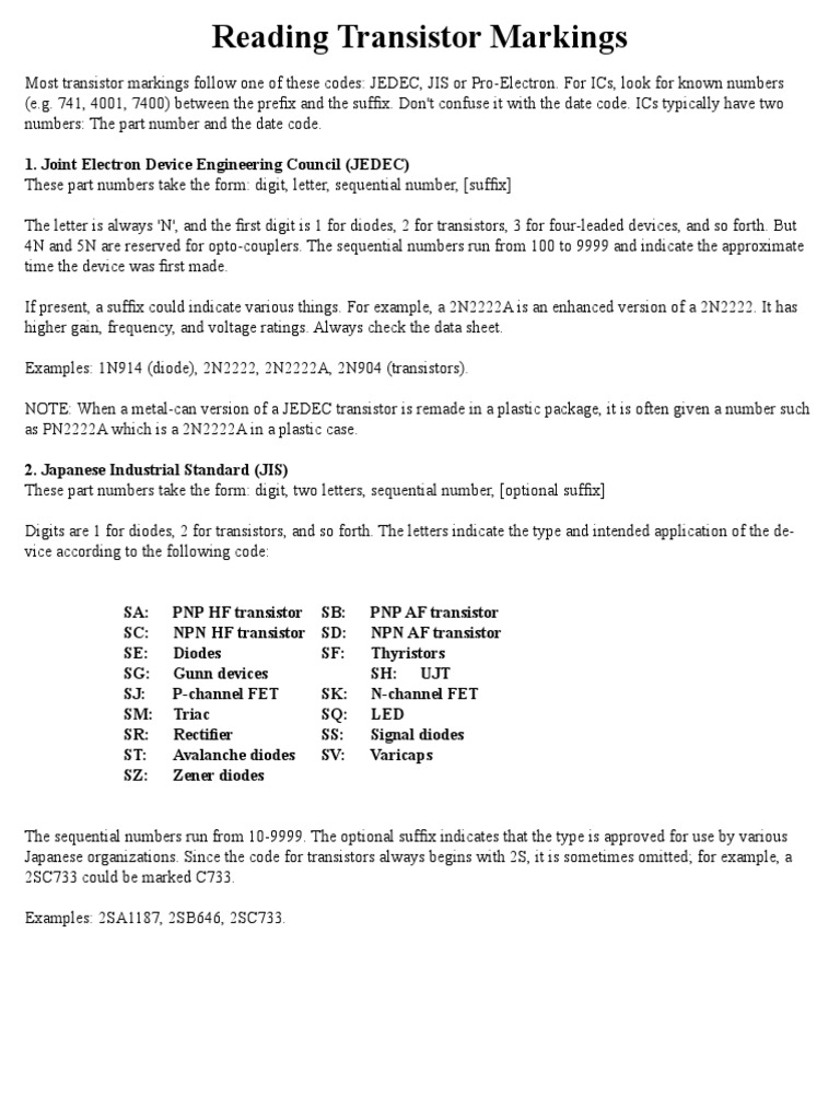 Reading Transistor Markings | PDF | Transistor | Diode