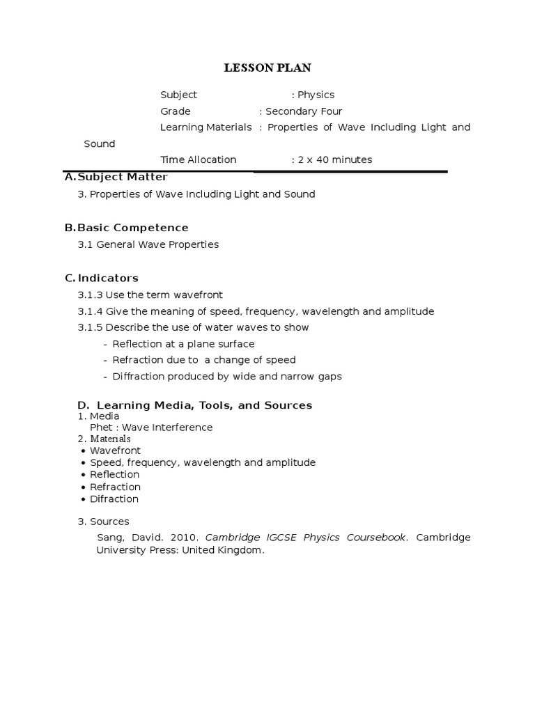 Lesson Plan Wavefront | PDF | Diffraction | Waves