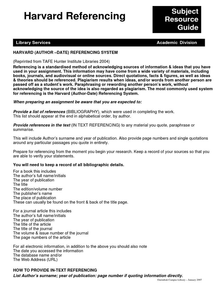 Harvard Referencing: Subject Resource Guide | PDF